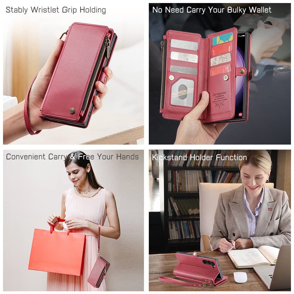 Defencase Compatible with Samsung Galaxy S23 Plus Case Wallet with Card Holder for Women Men, PU Leather Magnetic Snap Flip Zipper Strap Phone Case Fit for Galaxy S23 Plus 5G 6.6", Rose Red