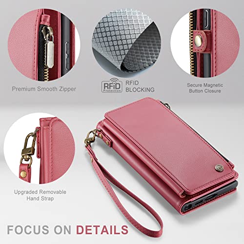Defencase Compatible with Samsung Galaxy S23 Plus Case Wallet with Card Holder for Women Men, PU Leather Magnetic Snap Flip Zipper Strap Phone Case Fit for Galaxy S23 Plus 5G 6.6", Rose Red