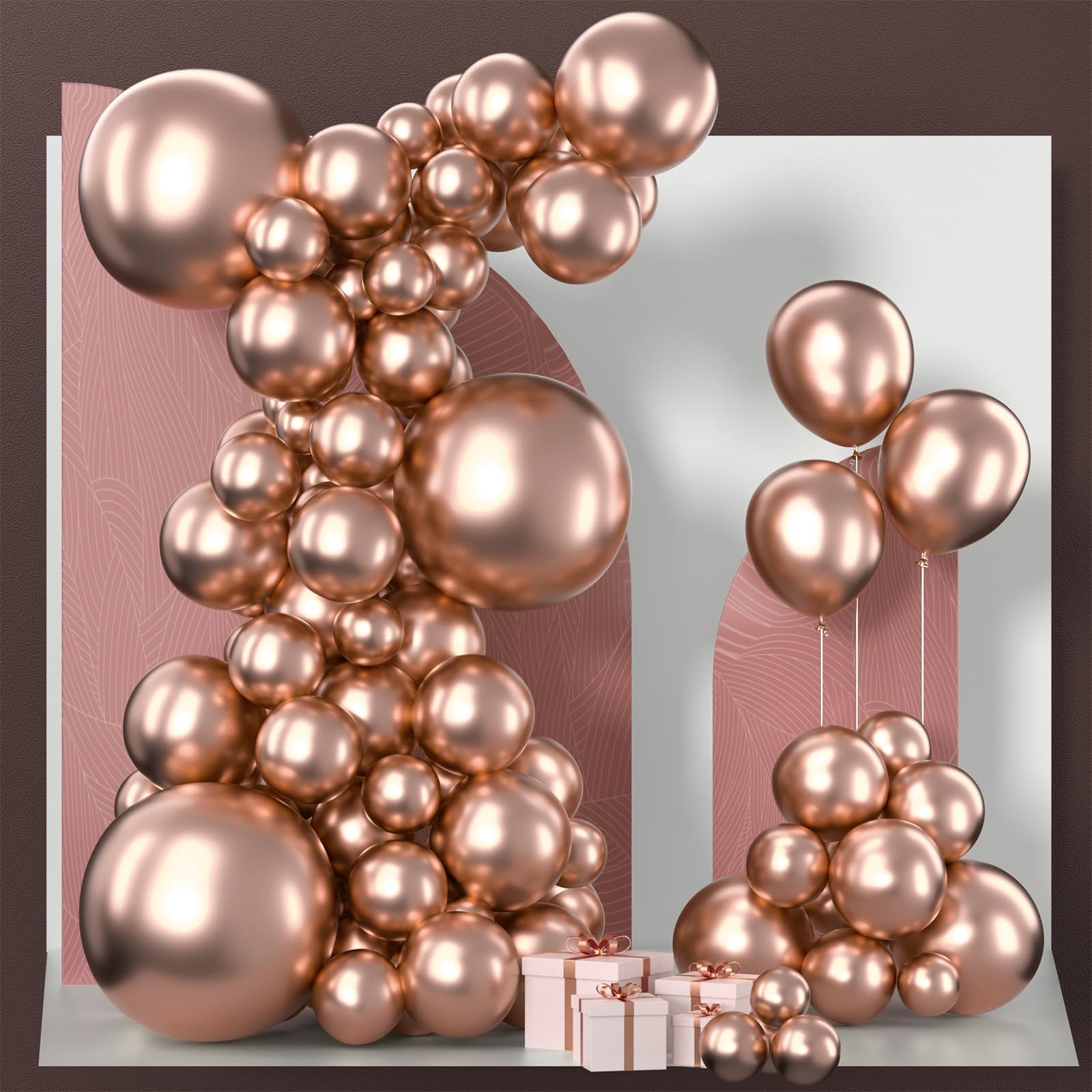PartyWoo Rose Gold Balloons, 100 pcs Metallic Rose Gold Balloon Arch Kit of 18 inch 12 inch 10 inch 5 inch Latex Balloon Garland and 20m Ribbons for Rose Gold Birthday Decorations, Bachelorette Party