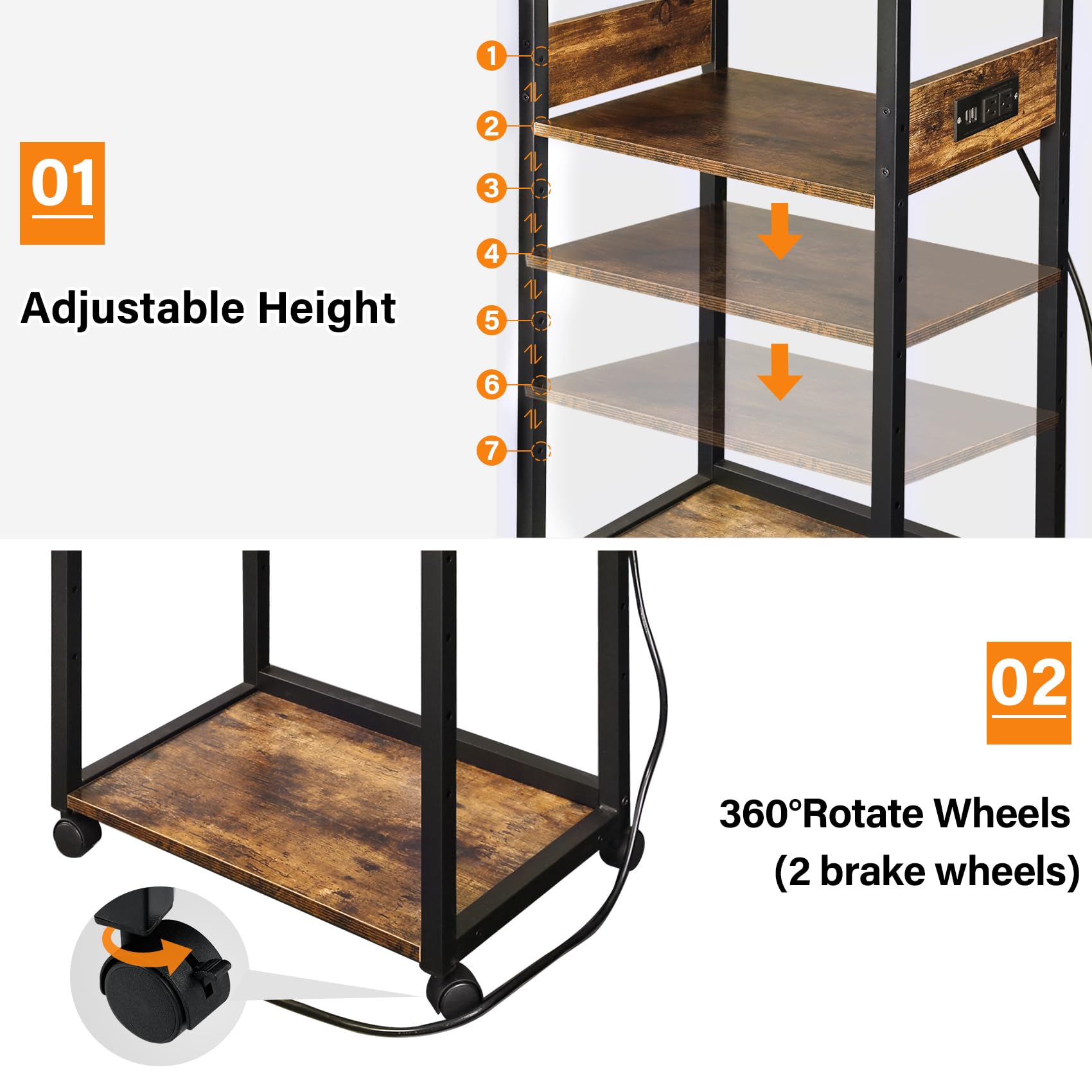 TC-HOMENY 3-Tier Movable Printer Stand with Storage Rolling Floor-Standing Deskside Shredder Computer Host Stand Adjustable Storage Shelf Rack on Wheels Multipurpose Stand for Printer