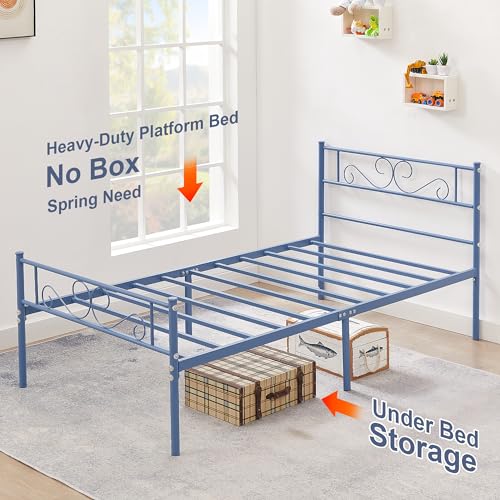 VECELO Twin Size Bed Frame with Headboard, 14 Inch Metal Platform Mattress Foundation, No Boxing Spring Needed, Squeak Resistant, Easy Assembly, Sky Blue