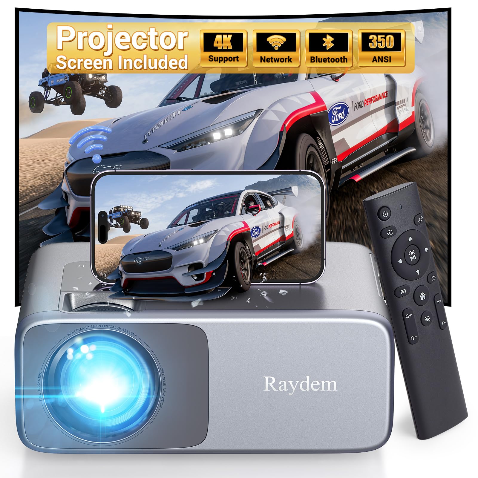 Native 1080P 350ANSI 13000L 5G WiFi and Bluetooth 5.0 Projector Raydem Video Outdoor Movie LED Projector Supports 4K, HD, Compatible with TV Stick,Phone to Enjoy Home Theater