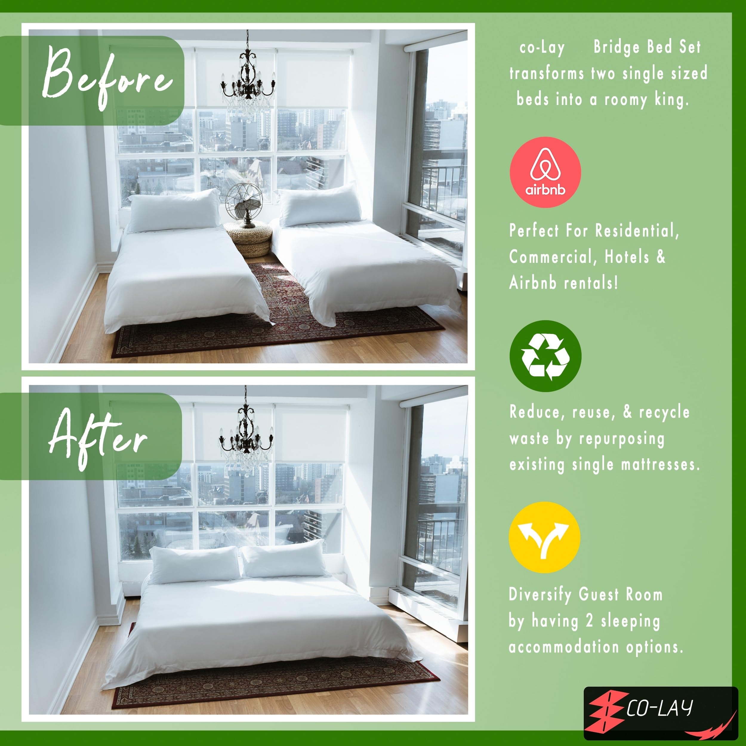 CO-Lay Bed Bridge Twin to King Converter Kit - Twin Bed Connector King Maker - Mattress Extender Joiner Gap Filler - Split King Bed Connector, Twin to King or Twin XL to King