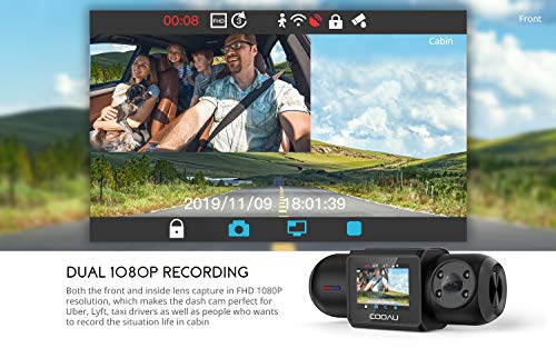 COOAU Dash Cam, 64GB SD Card Included, 1080P FHD Built-in GPS Wi-Fi, Front and Inside Car Camera Recorder for Uber with Infrared Night Vision, Sony Sensor, 4 IR LEDs,G-Sensor, Parking Mode