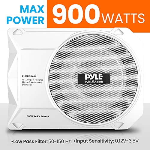 PyleUsa 10-Inch Low-Profile Amplified Subwoofer System - 900 Watt Compact Enclosed Active Marine Underseat Car Subwoofer with Built in Amp, Powered Car Subwoofer w/Low & High Level Inputs - PLMRSBA10