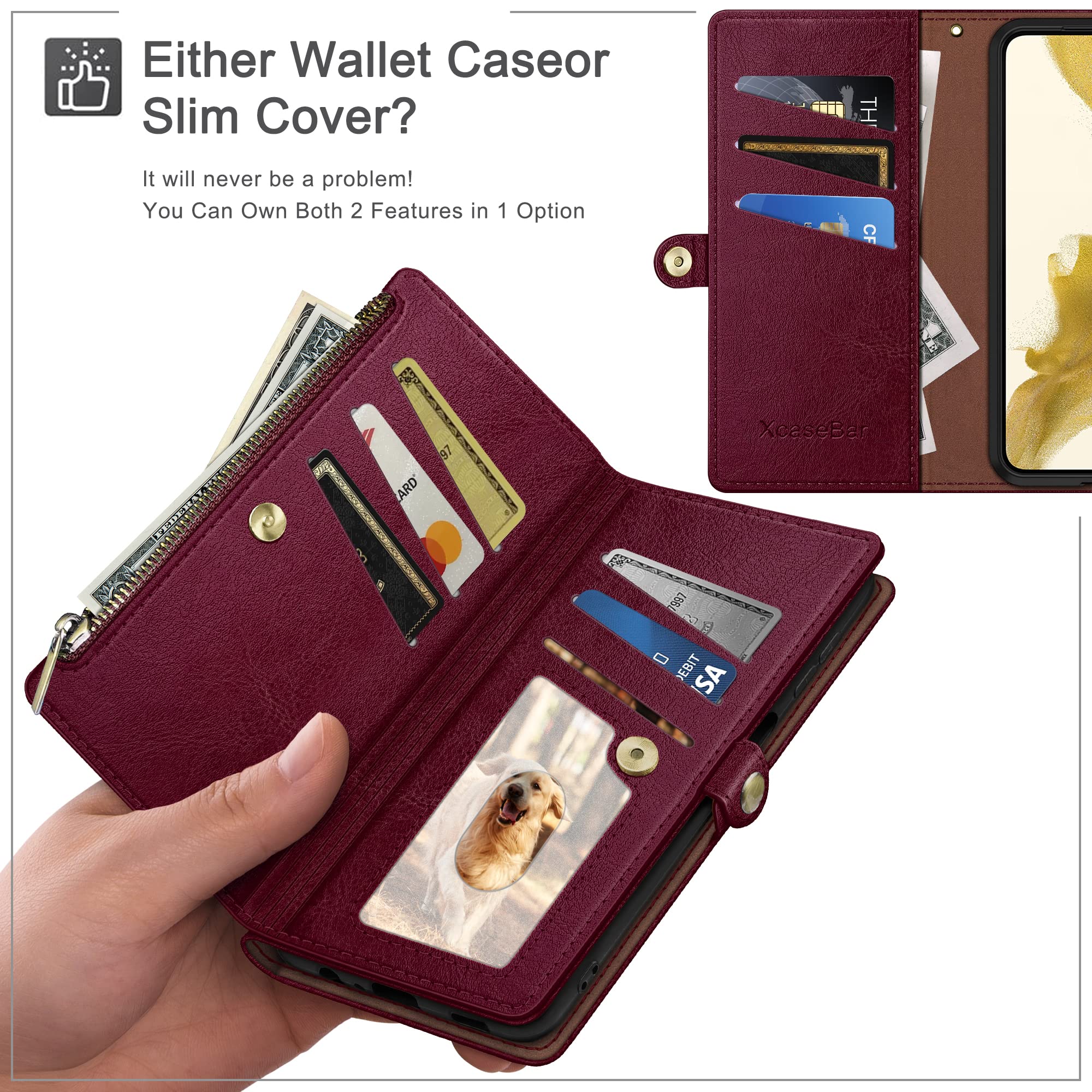 XcaseBar for Samsung Galaxy S21 Wallet case with Zipper Credit Card Holder【RFID Blocking】, Flip Folio Book PU Leather Phone case Shockproof Cover Women Men for Samsung S21 case Wine Red
