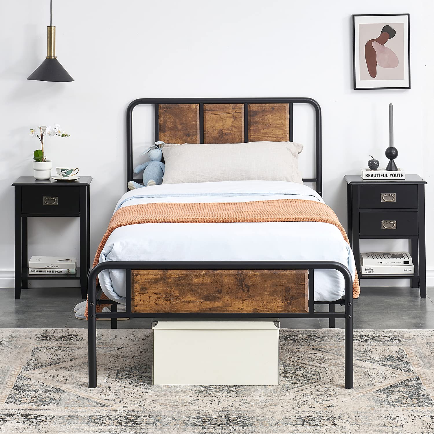 VECELO Twin Size Bed Frames Metal Platform with Wood Headboard, Heavy Duty Steel Slats Support/Easy Assemble,Dark Brown