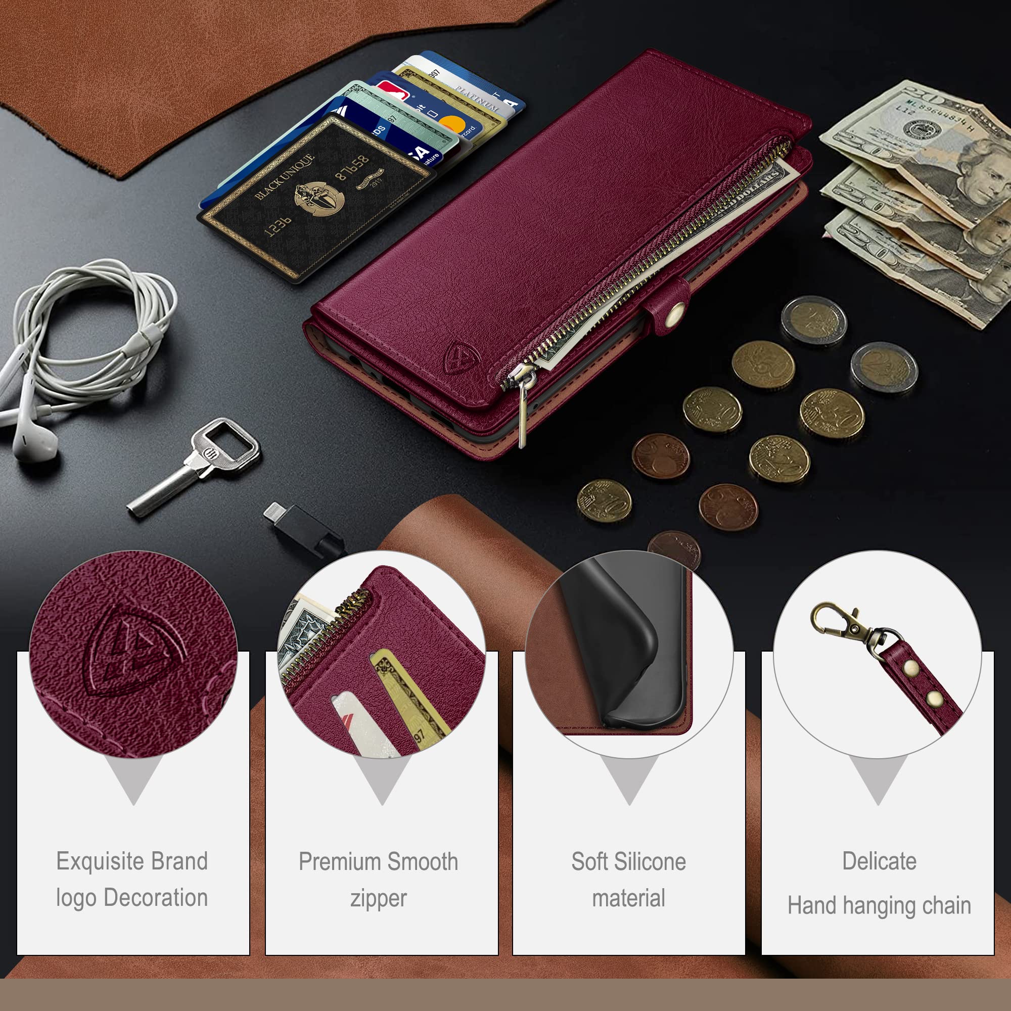 XcaseBar for Samsung Galaxy S21 Wallet case with Zipper Credit Card Holder【RFID Blocking】, Flip Folio Book PU Leather Phone case Shockproof Cover Women Men for Samsung S21 case Wine Red