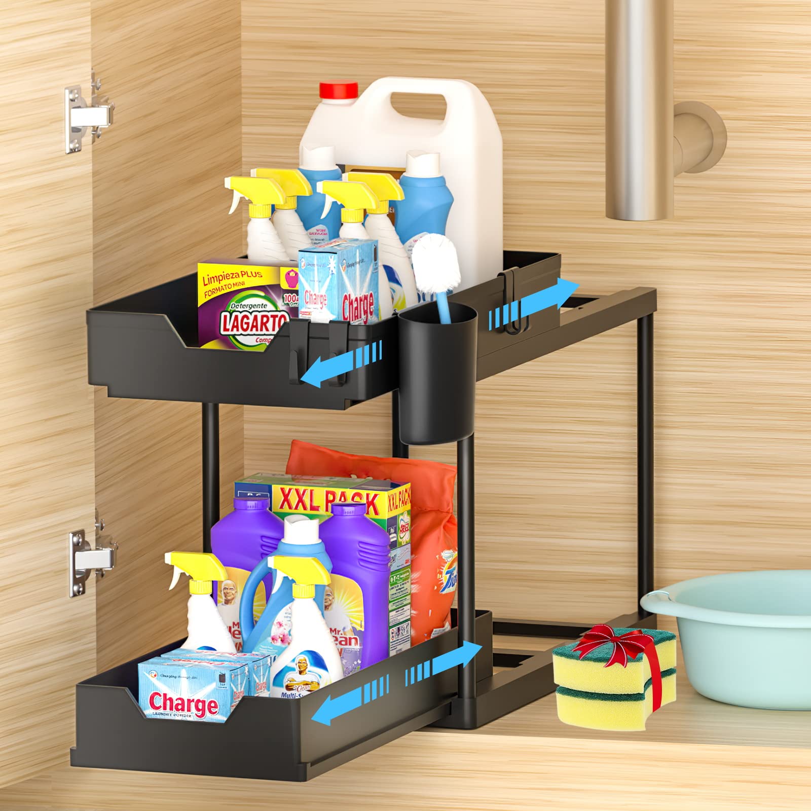Jincancan Under Sink Organizer - Double Sliding Under Sink Organizers and Storage - 2 Tier Under Cabinet Organizer with 4 Hooks, Hanging Cup, Under Sink Storage for Kitchen
