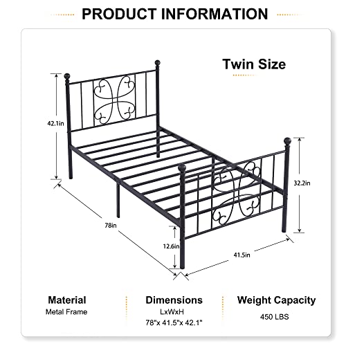 VECELO Twin Metal Platform Bed Frame Mattress Foundation with Iron-Art Headboard and Footboard, No Box Spring Needed, Noise-Free, Easy Assembly, Under Bed Storage