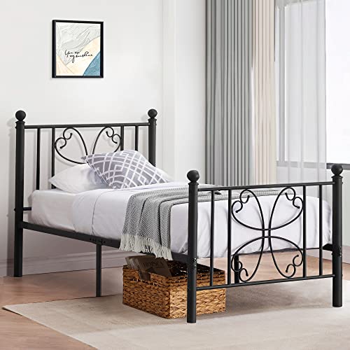 VECELO Twin Metal Platform Bed Frame Mattress Foundation with Iron-Art Headboard and Footboard, No Box Spring Needed, Noise-Free, Easy Assembly, Under Bed Storage