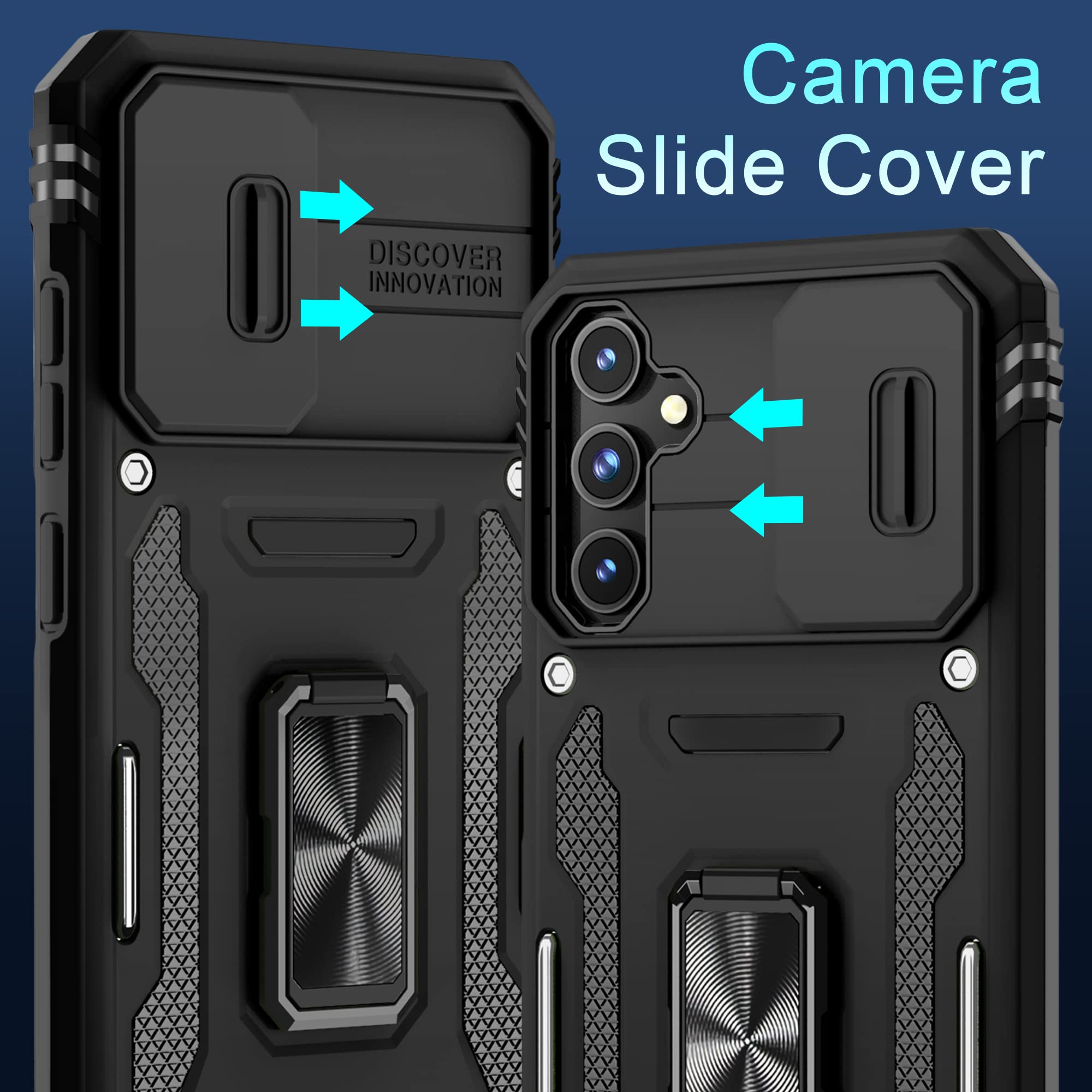 DEERLAMN Case for Samsung Galaxy A54 5G with Slide Camera Cover+Screen Protector(1 Pack),Rotated Ring Kickstand Military Grade Shockproof Protective Cover-Black