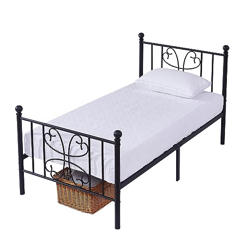 VECELO Twin Metal Platform Bed Frame Mattress Foundation with Iron-Art Headboard and Footboard, No Box Spring Needed, Noise-Free, Easy Assembly, Under Bed Storage