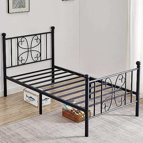 VECELO Twin Metal Platform Bed Frame Mattress Foundation with Iron-Art Headboard and Footboard, No Box Spring Needed, Noise-Free, Easy Assembly, Under Bed Storage