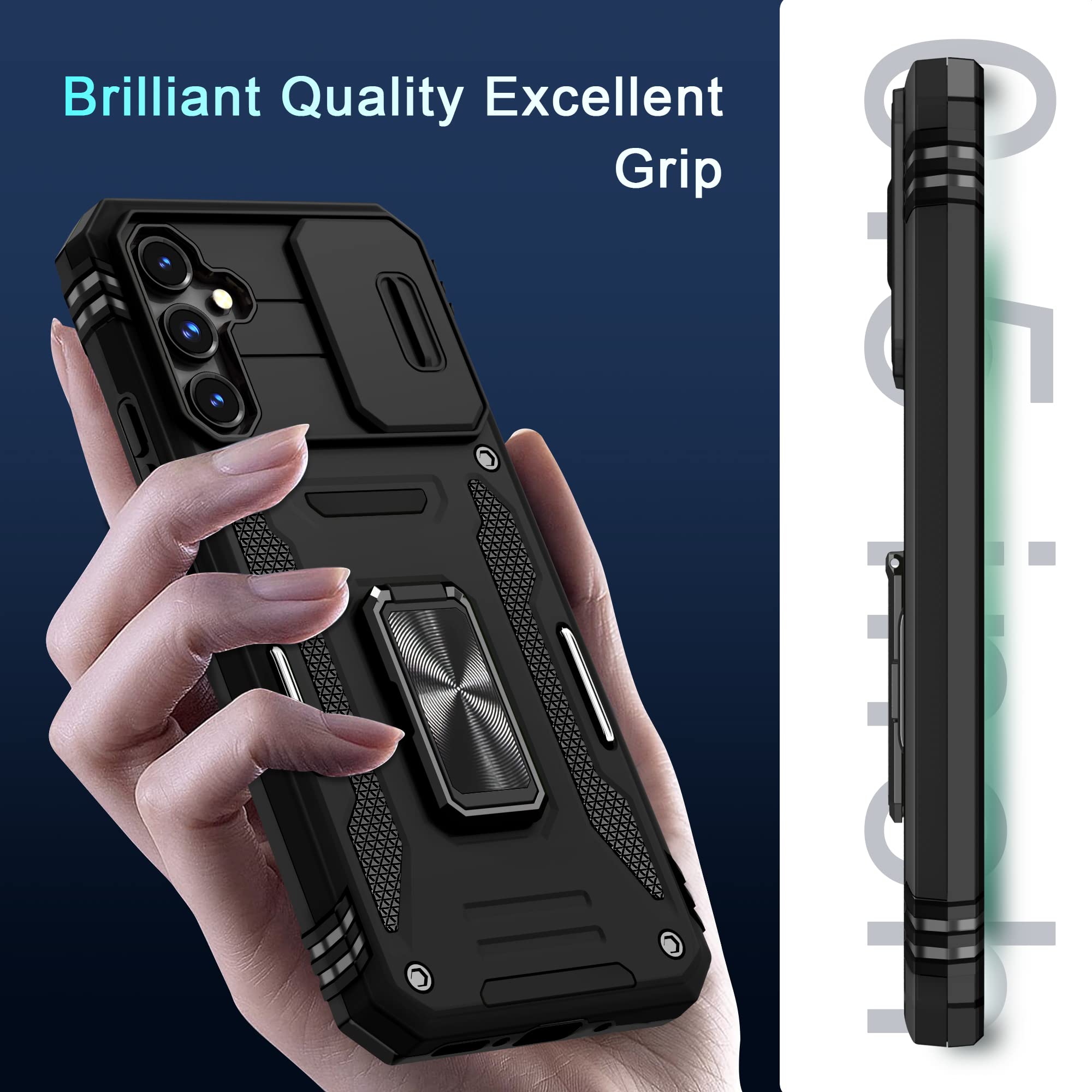 DEERLAMN Case for Samsung Galaxy A54 5G with Slide Camera Cover+Screen Protector(1 Pack),Rotated Ring Kickstand Military Grade Shockproof Protective Cover-Black