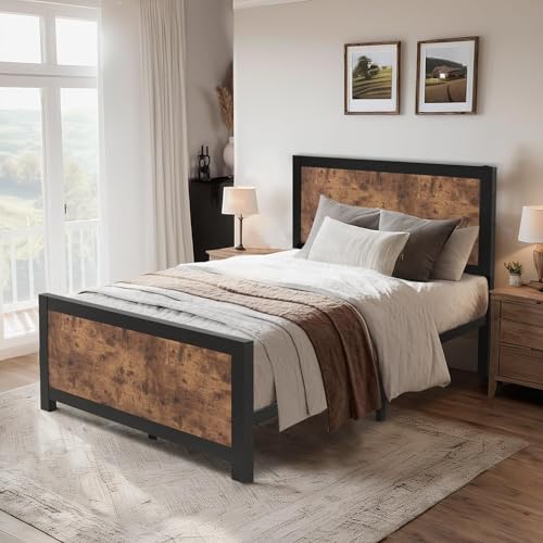 Catrimown Twin Bed Frame with Headboard and Footboard, Rustic Brown Metal Platform Bed Frame, Sturdy Mattress Foundation, Easy Assembly - No Box Spring Required