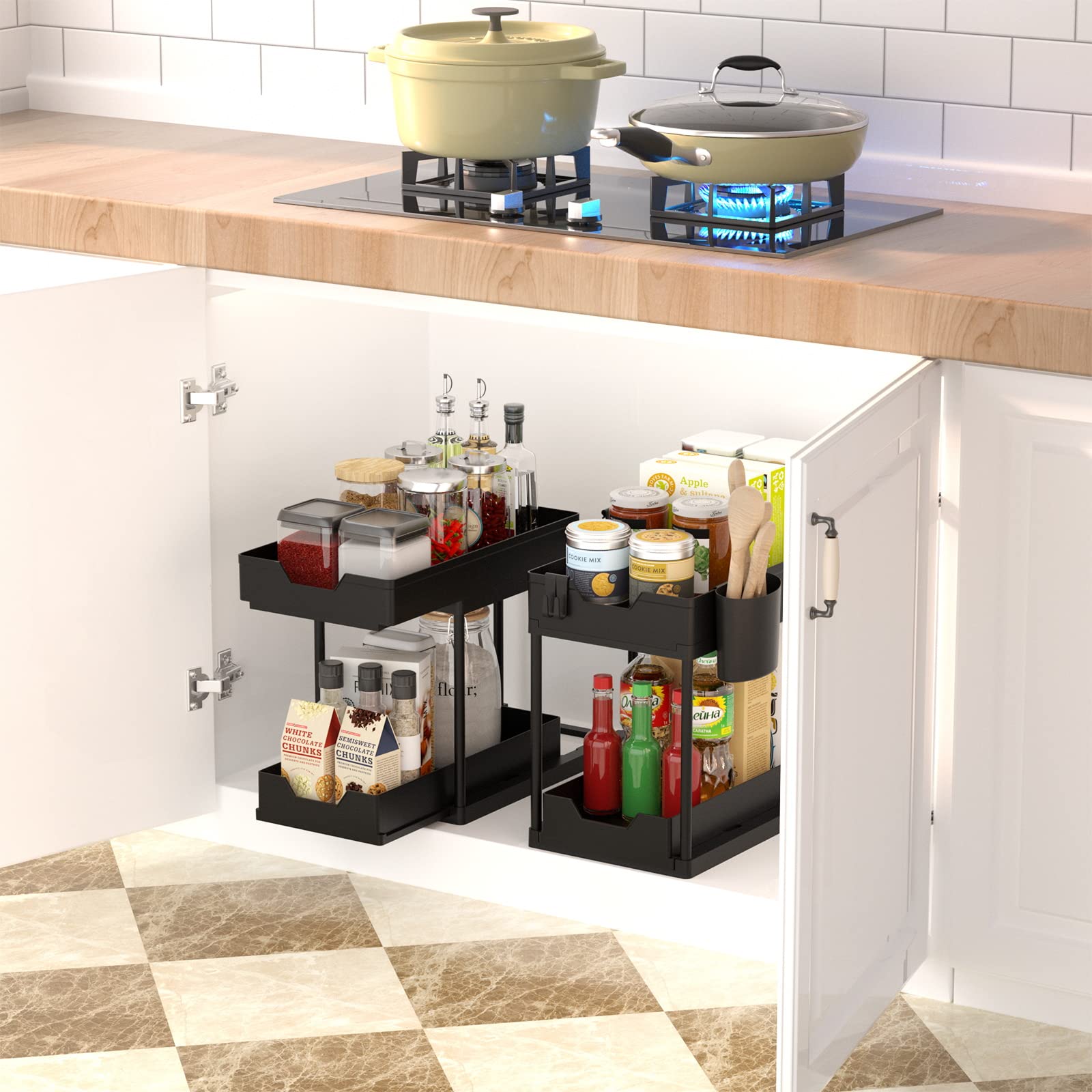 Jincancan Under Sink Organizer - Double Sliding Under Sink Organizers and Storage - 2 Tier Under Cabinet Organizer with 4 Hooks, Hanging Cup, Under Sink Storage for Kitchen