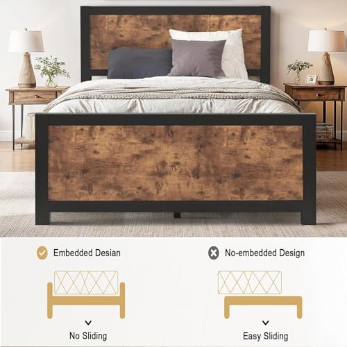 Catrimown Twin Bed Frame with Headboard and Footboard, Rustic Brown Metal Platform Bed Frame, Sturdy Mattress Foundation, Easy Assembly - No Box Spring Required