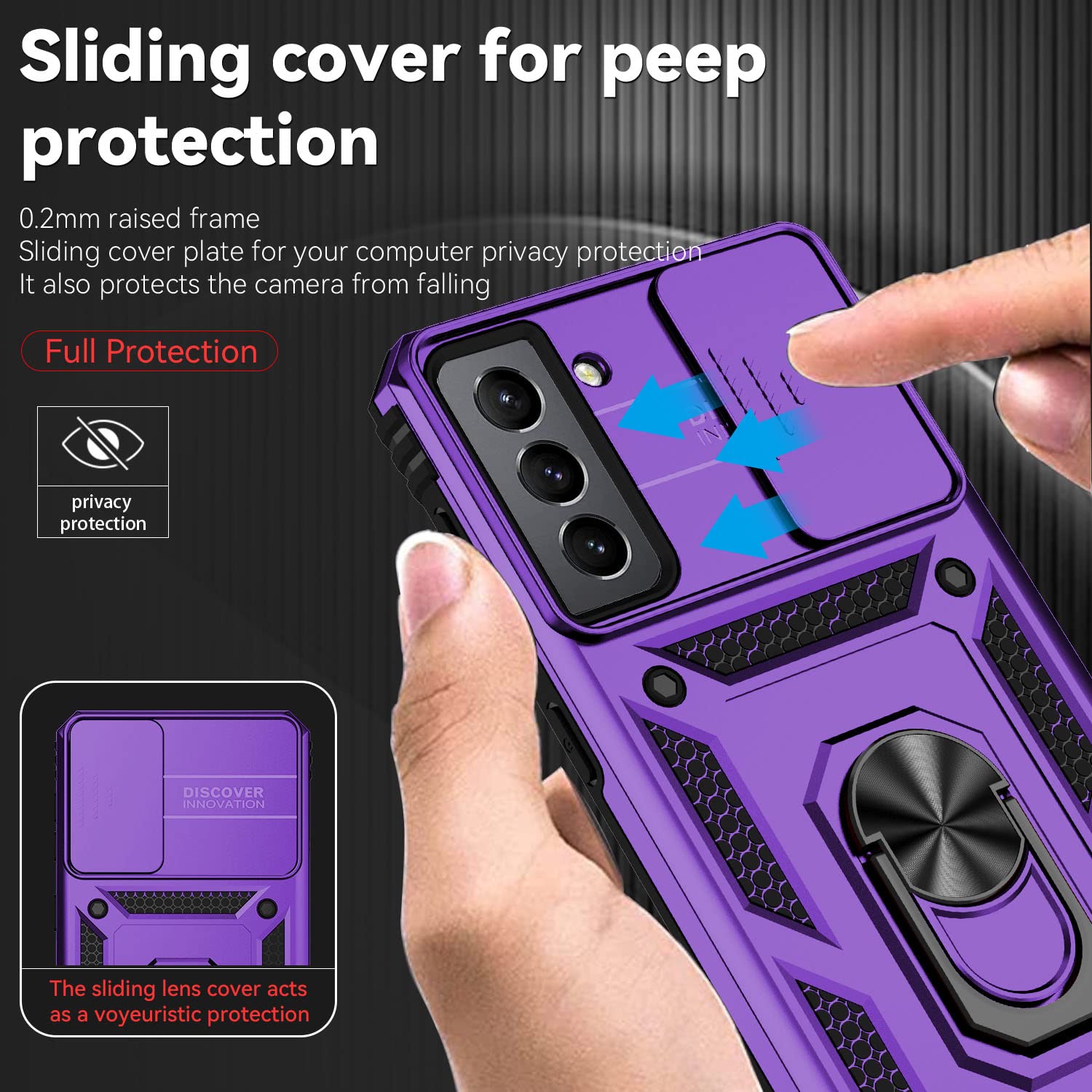for Samsung Galaxy S21 Case with Camera Lens Cover HD Screen Protector, Dual Layer Military-Grade Drop Tested Magnetic Ring Holder Kickstand Protective Phone Case for Samsung Galaxy S21 5G (Purple)