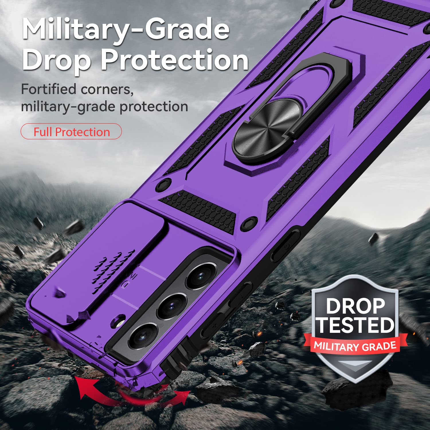 for Samsung Galaxy S21 Case with Camera Lens Cover HD Screen Protector, Dual Layer Military-Grade Drop Tested Magnetic Ring Holder Kickstand Protective Phone Case for Samsung Galaxy S21 5G (Purple)