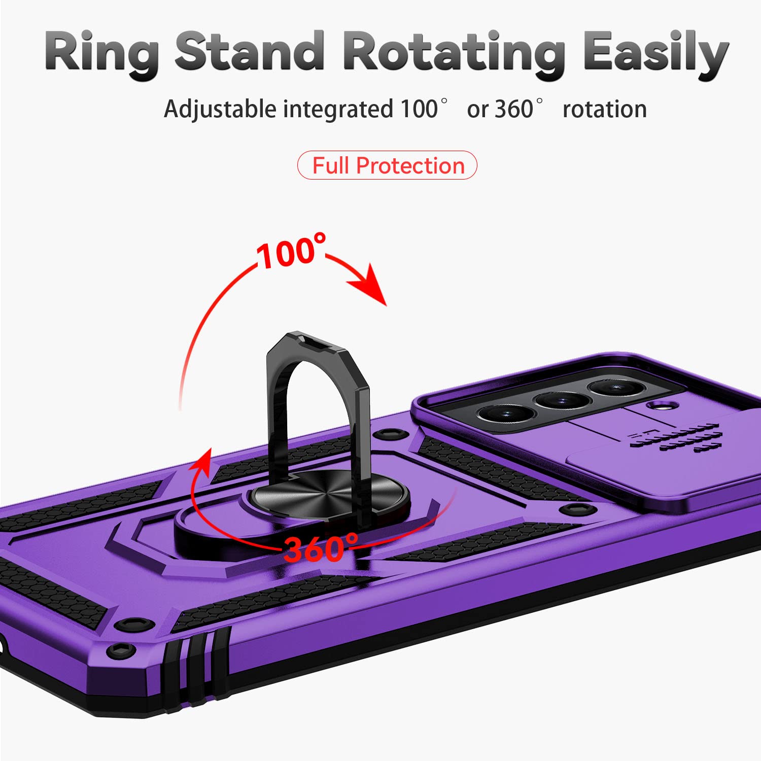 for Samsung Galaxy S21 Case with Camera Lens Cover HD Screen Protector, Dual Layer Military-Grade Drop Tested Magnetic Ring Holder Kickstand Protective Phone Case for Samsung Galaxy S21 5G (Purple)