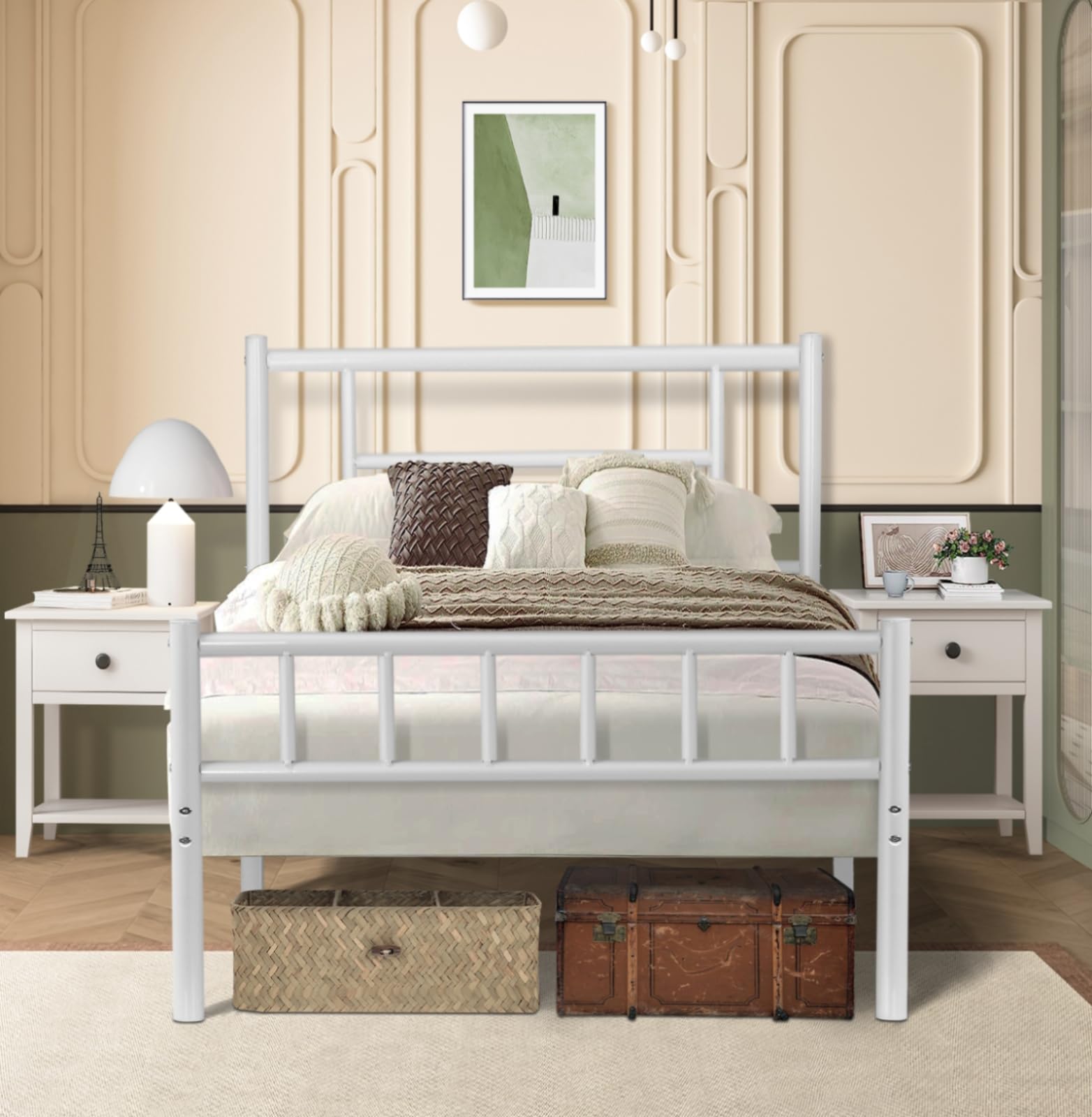 HOMBCK Twin Bed Frame with Headboard & Footboard, Twin Platform Bed Frame with 14 Inch Under-Bed Storage, Heavy Duty Slat Support, No Box Spring Needed, Easy Assembly/White
