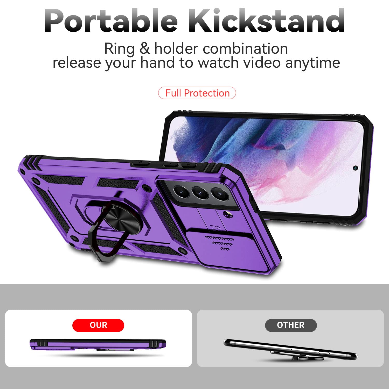 for Samsung Galaxy S21 Case with Camera Lens Cover HD Screen Protector, Dual Layer Military-Grade Drop Tested Magnetic Ring Holder Kickstand Protective Phone Case for Samsung Galaxy S21 5G (Purple)