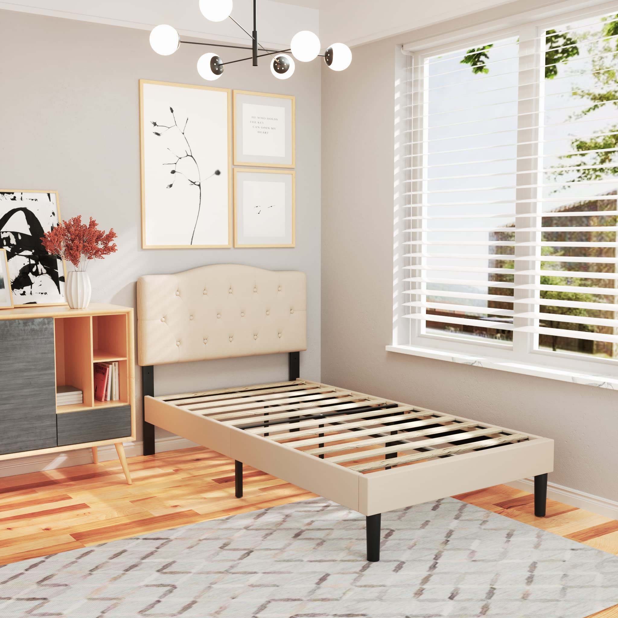 VECELO Classic Upholstered Platform Bed Diamond Stitched Cloth Panel Headboard/Mattress Foundation/Easy Assembly/Strong Slat Support Twin,Beige
