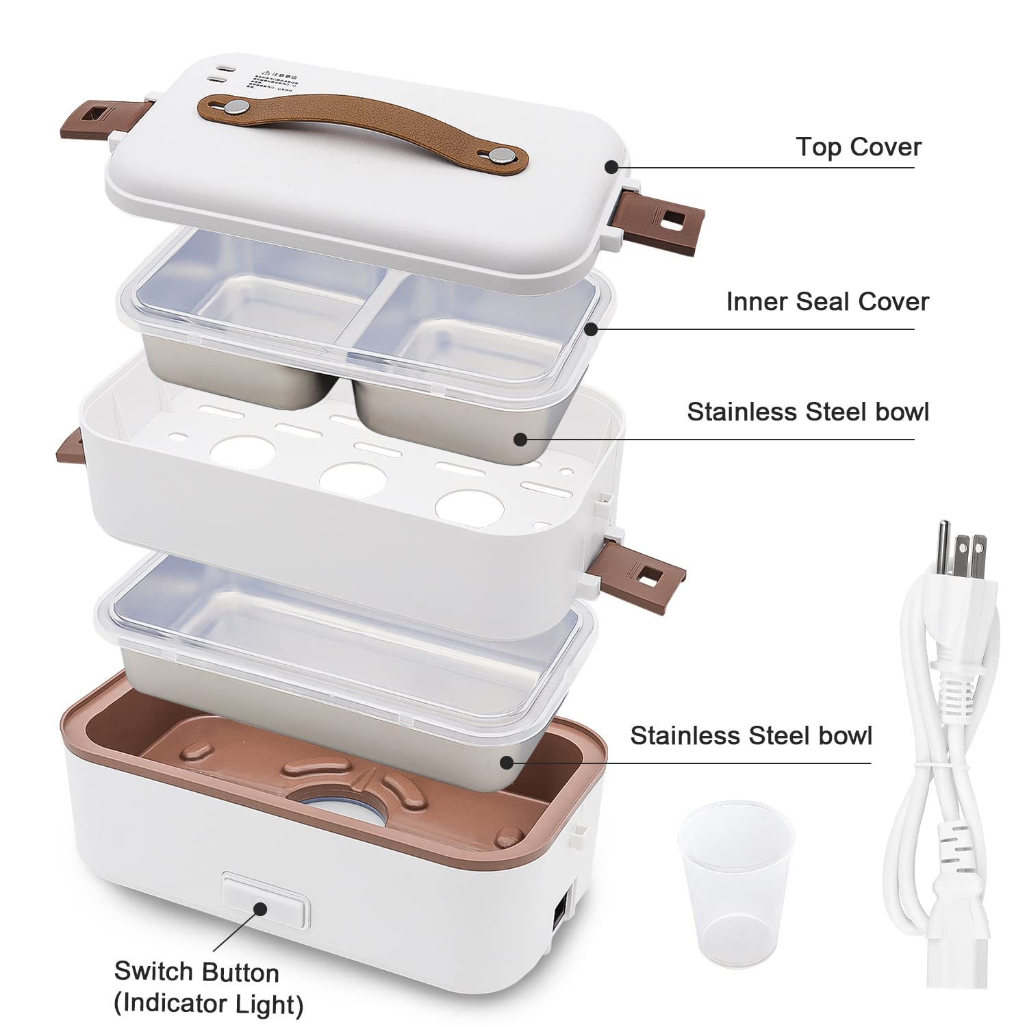 CTSZOOM Self Cooking Electric Lunch Box, Portable Food Warmer for On-the-Go,Mini Rice Cooker 2 Layers 800ML Heated Lunch Box for Home Office School Cook Food White
