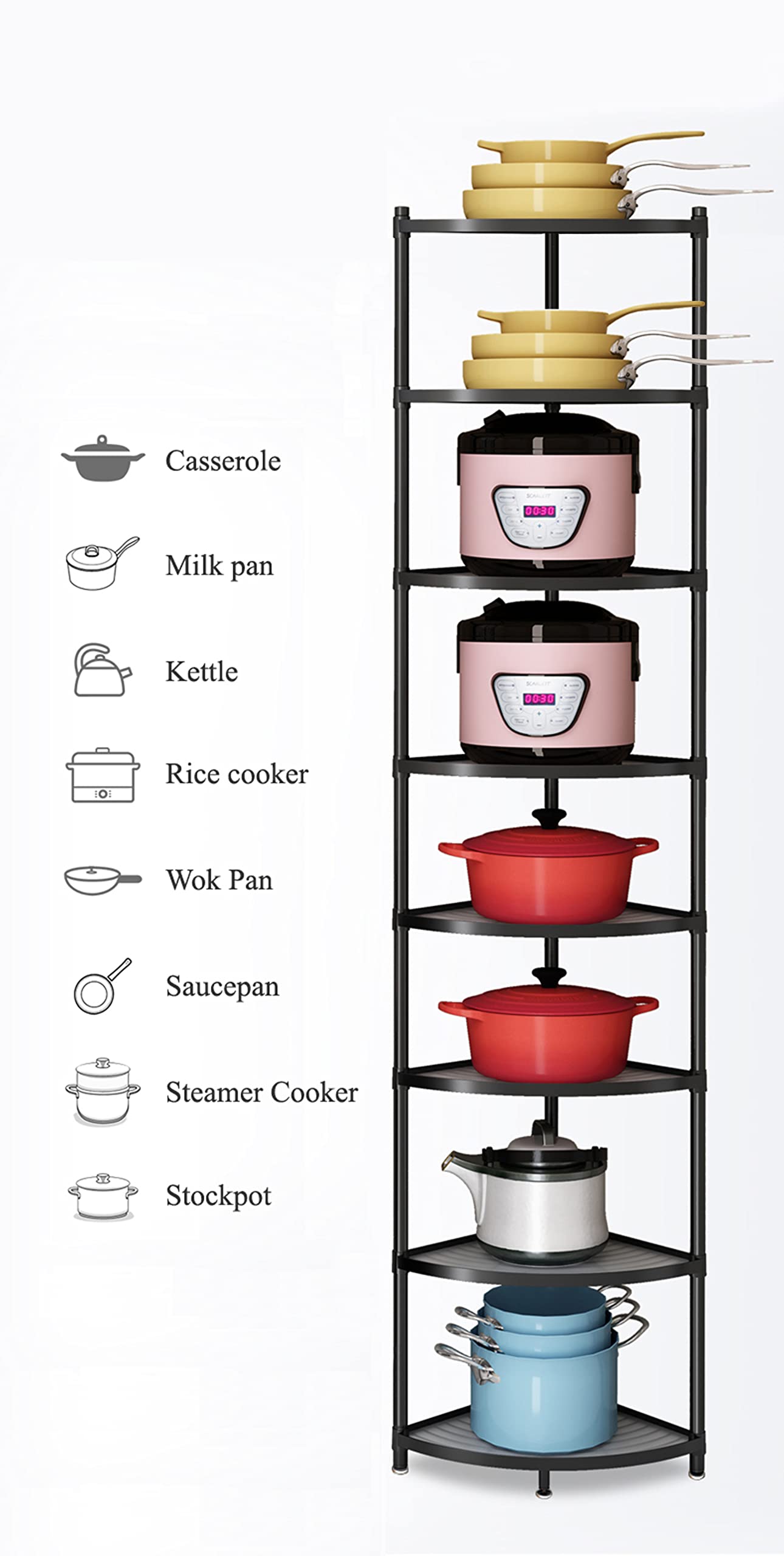 ZIGAMA 8-Tier Kitchen Pot Rack, Cookware Stand Storage Organizer ,Multi-Layer Corner Shelf Stand Metal Shelves for Kitchen