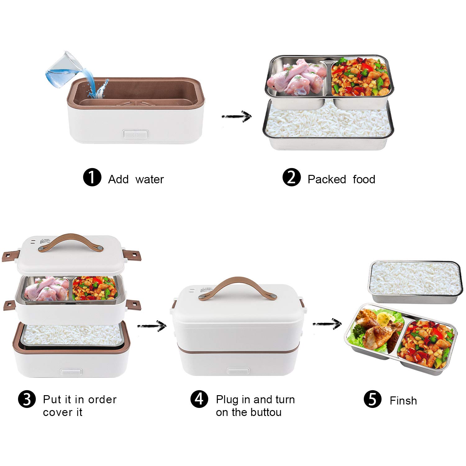 CTSZOOM Self Cooking Electric Lunch Box, Portable Food Warmer for On-the-Go,Mini Rice Cooker 2 Layers 800ML Heated Lunch Box for Home Office School Cook Food White