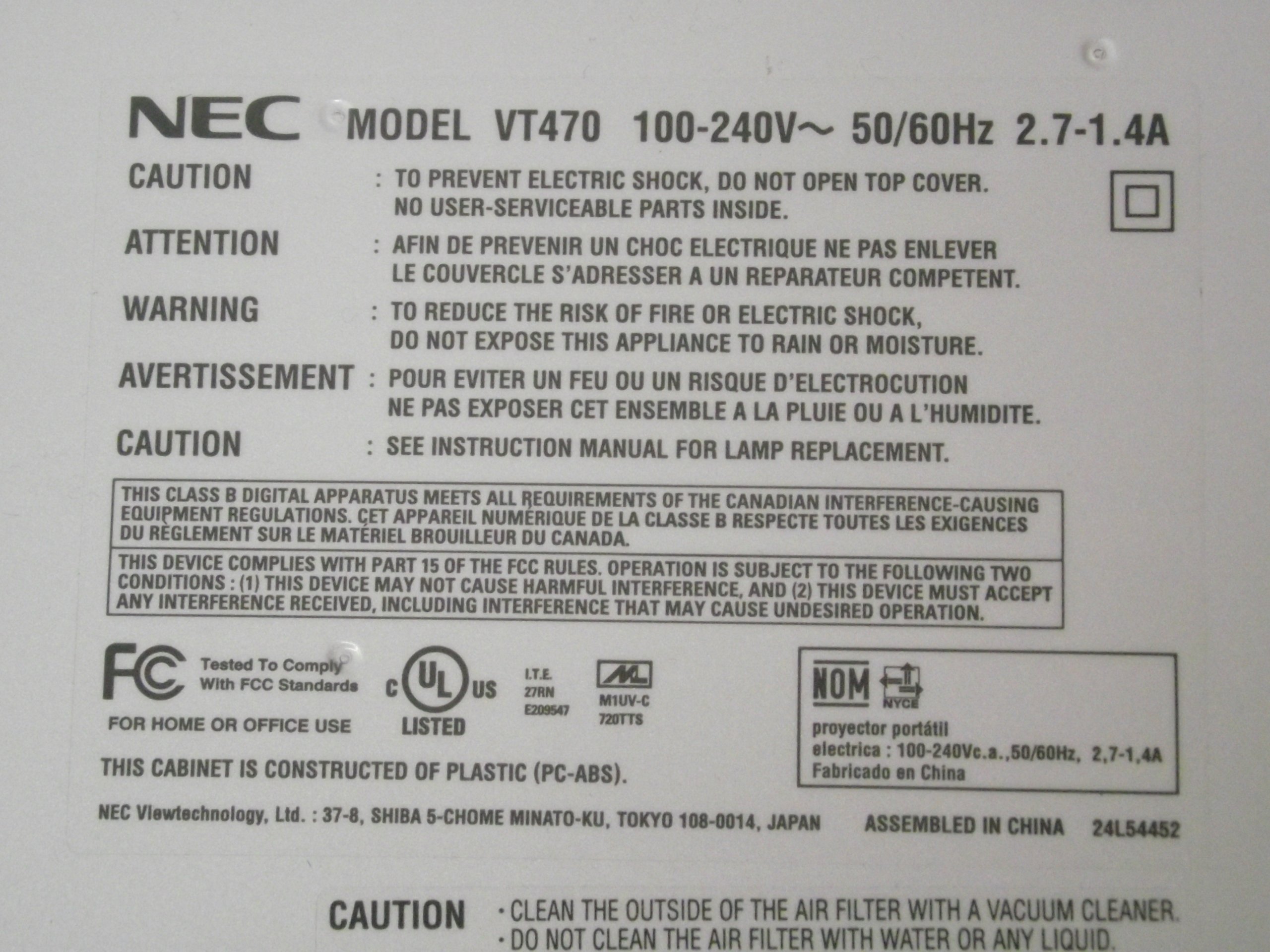 NEC VT470 Digital Video Projector 2000 ANSI Lumens