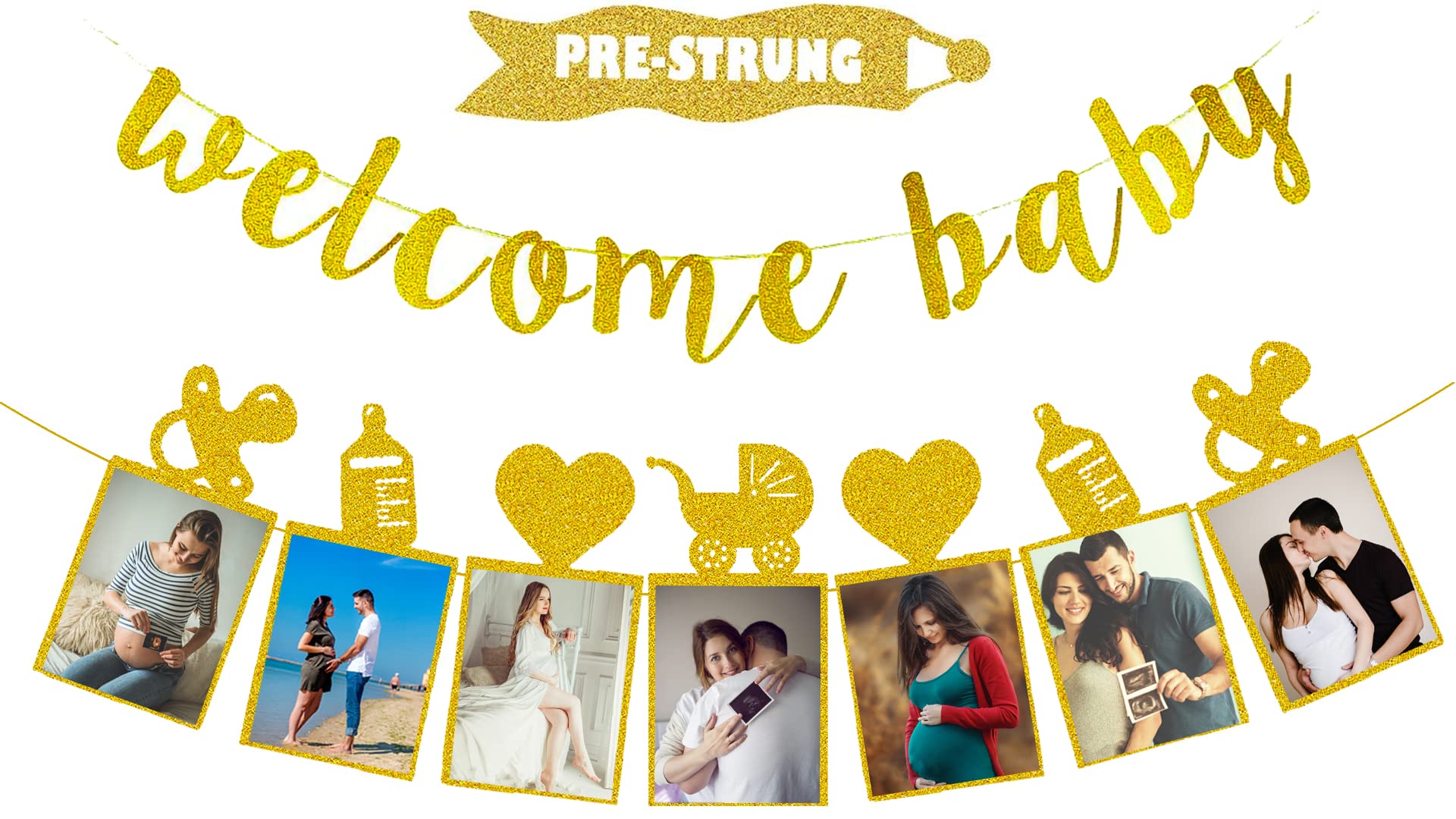 Baby Shower Decorations Gold- Welcome Baby Banner Pre-Strung & Baby Shower Photo Banner for Girls or Boys Baby Shower Gender Reveal Party Decor Supplies Baby Party Photo Booth Props