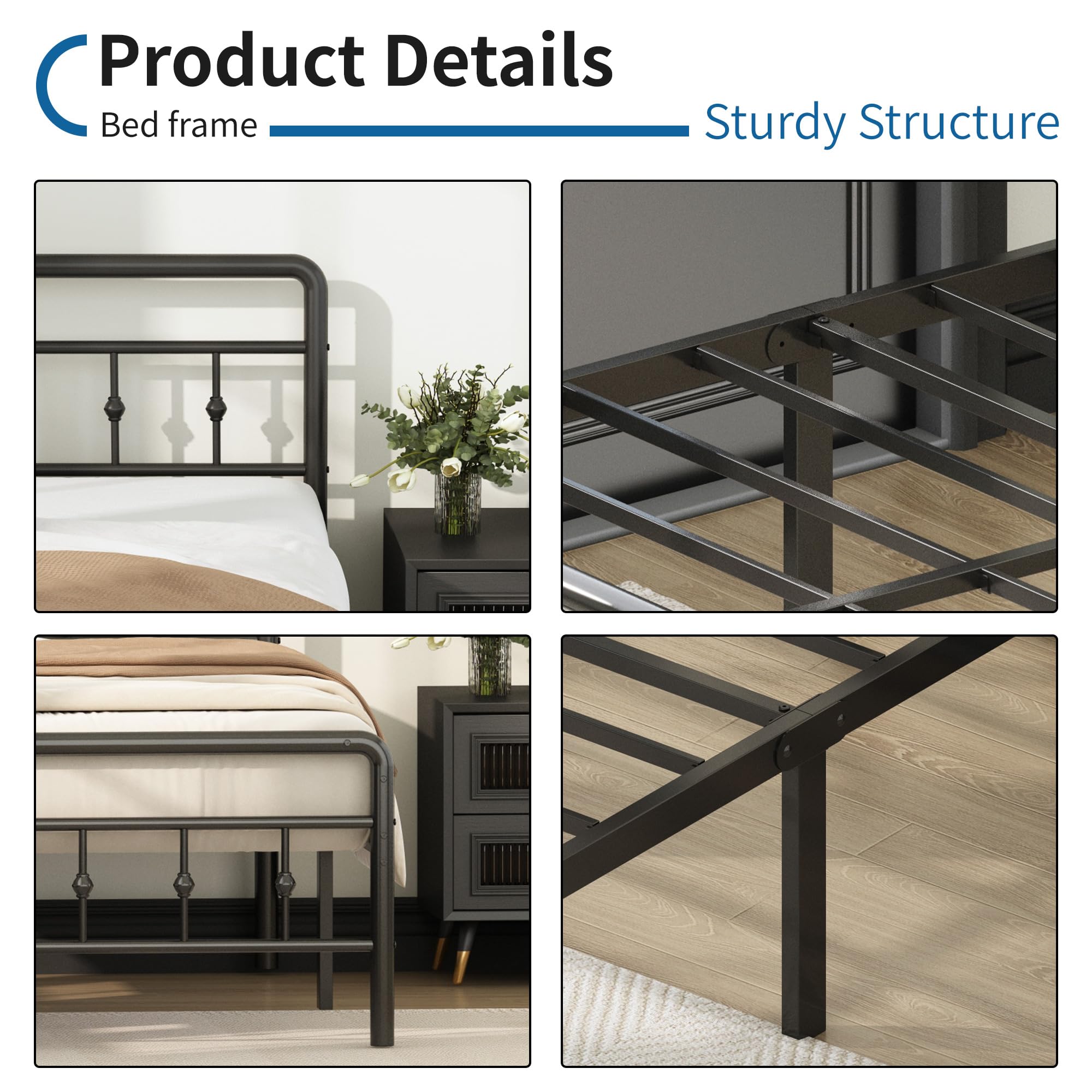 DiaOutro 16 Inch Twin XL Bed Frame with Headboard and Footboard, Classic Metal Platform No Box Spring Needed Heavy Duty Victorian Style Iron-Art Mattress Foundation/Under Bed Storage