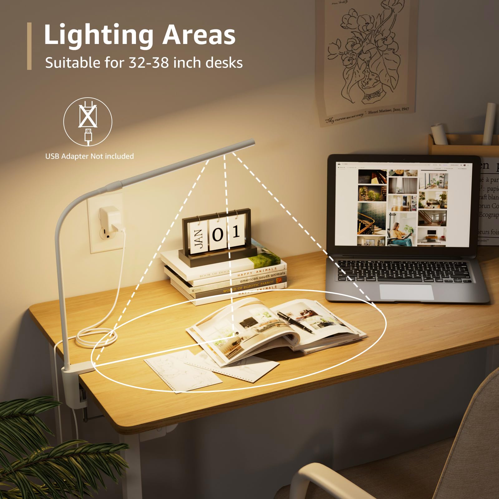 Lepro Clip on Desk Lamp LED Reading light Dimmable USB Clamp Lamp with 3 Color Modes 10 Brightness, Adjustable Flexible Gooseneck Table Light for Bed Headboard, Workbench, Home Office, Computer, White