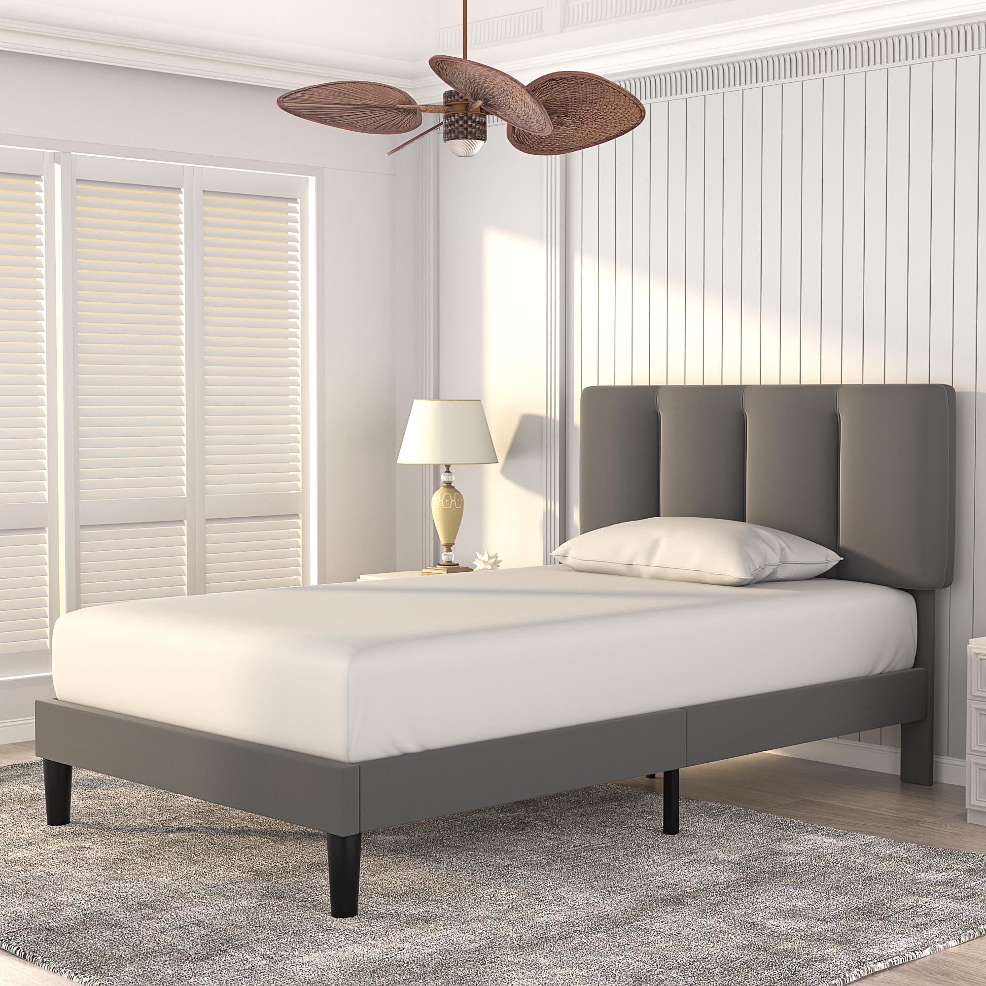 VECELO Twin Bed Frame with Upholstered Headboard, Platform Mattress Foundation with Strong Wooden Slats Support, No Boxing Spring Needed, Easy Assembly, Dark Grey