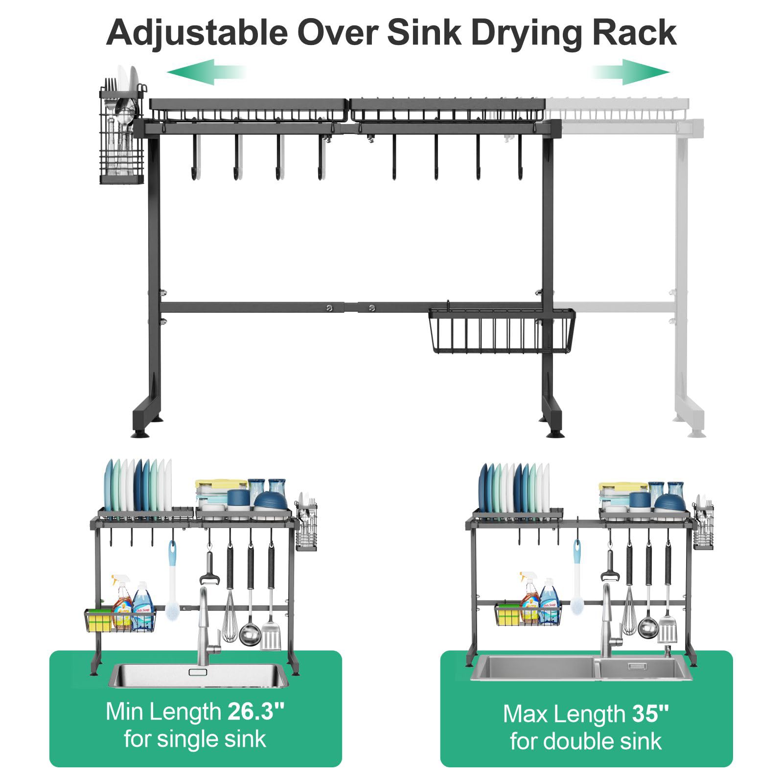 GSlife Over The Sink Dish Drying Rack - Length Adjustable (33.66~39.57") Dish Rack Over Sink Large Capacity, Rustproof Kitchen Dish Drying Rack, Above Sink Dish Rack, Black