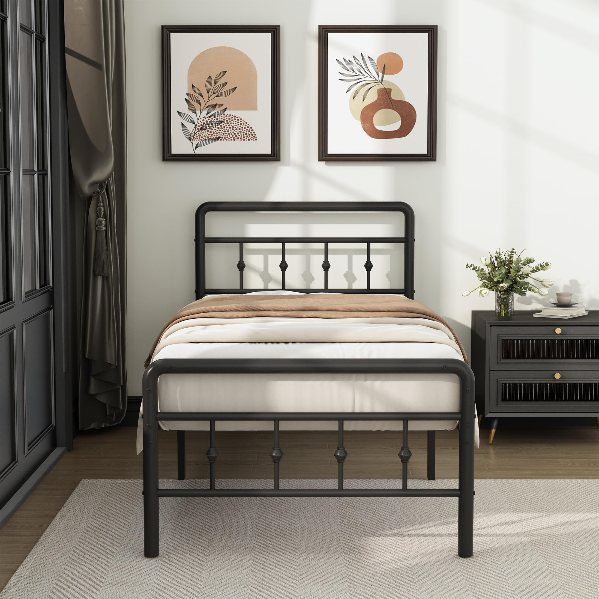 DiaOutro 16 Inch Twin XL Bed Frame with Headboard and Footboard, Classic Metal Platform No Box Spring Needed Heavy Duty Victorian Style Iron-Art Mattress Foundation/Under Bed Storage