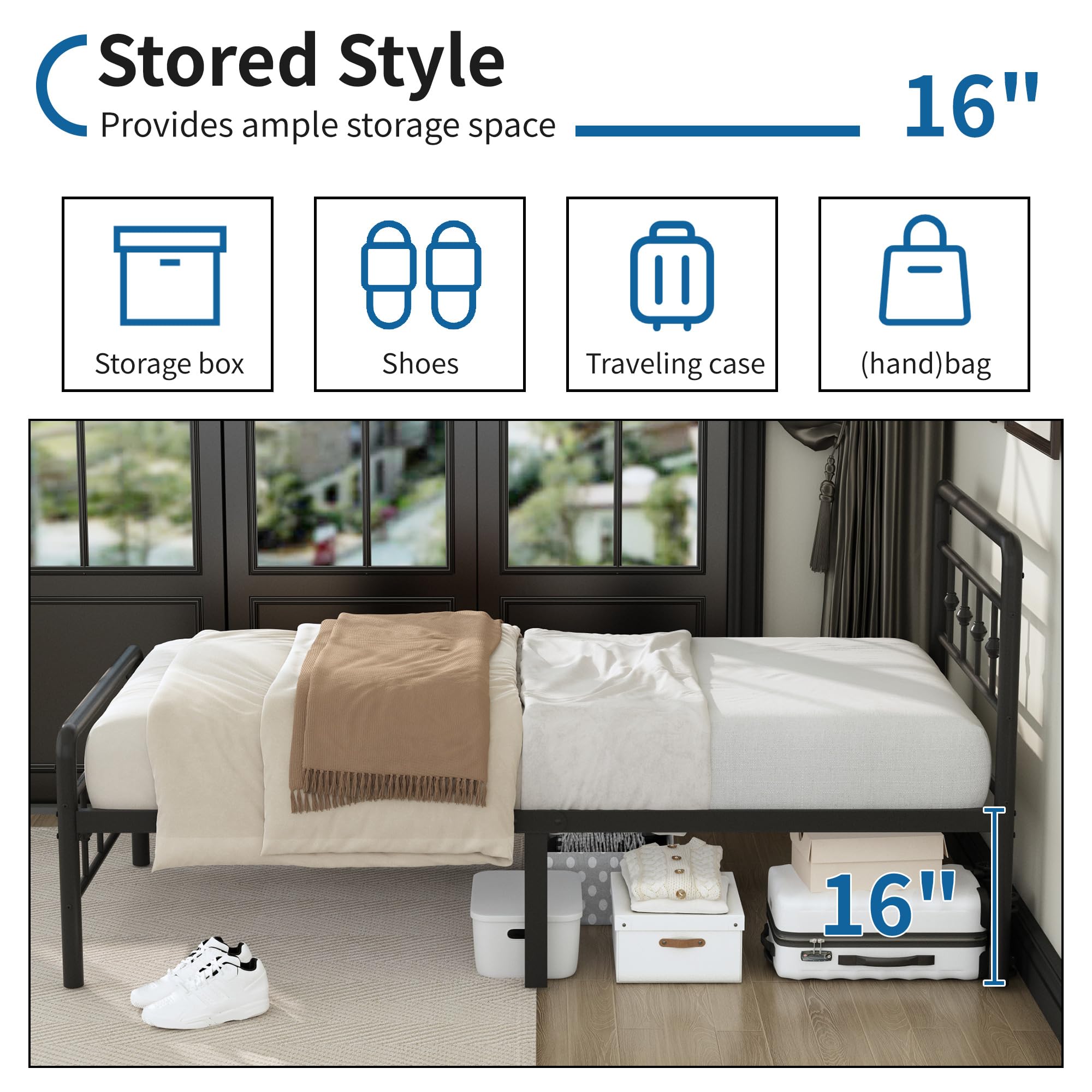 DiaOutro 16 Inch Twin XL Bed Frame with Headboard and Footboard, Classic Metal Platform No Box Spring Needed Heavy Duty Victorian Style Iron-Art Mattress Foundation/Under Bed Storage