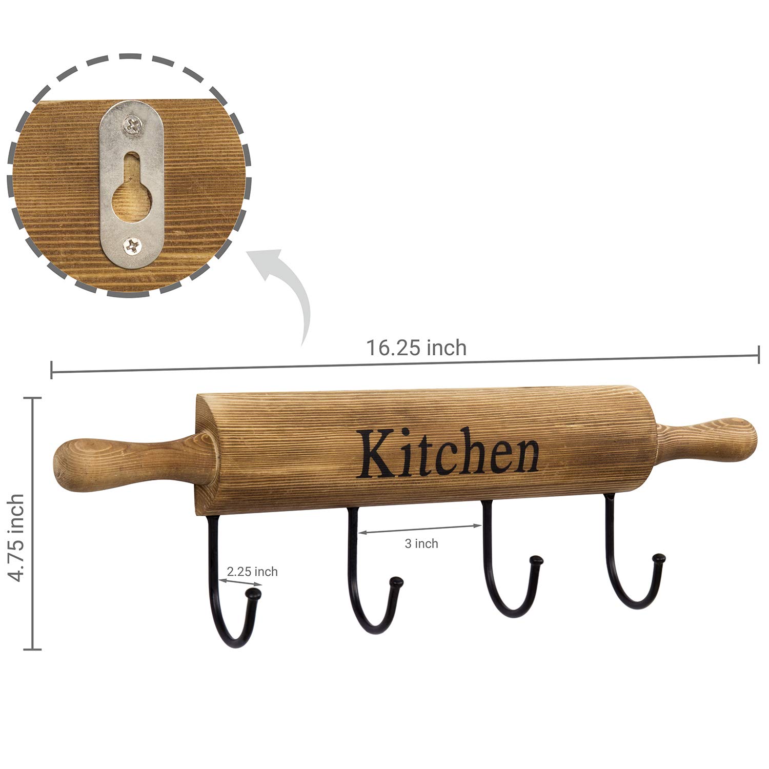 MyGift Rustic Burnt Brown Wood Kitchen Hooks for Hanging Cooking Utensils, Coffee Mugs and Hand Towels, Decorative Rolling Pin Design Kitchen Wall Decor with 4 Hooks