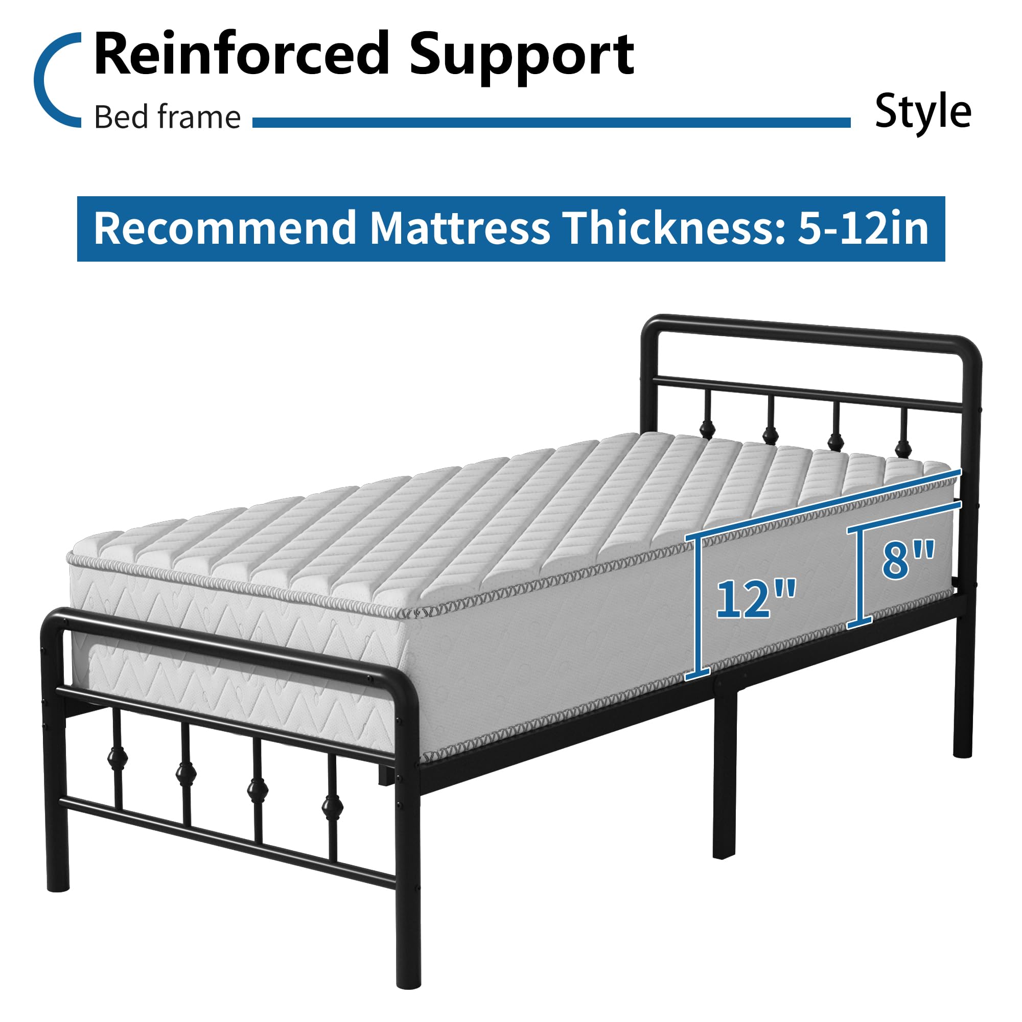 DiaOutro 16 Inch Twin XL Bed Frame with Headboard and Footboard, Classic Metal Platform No Box Spring Needed Heavy Duty Victorian Style Iron-Art Mattress Foundation/Under Bed Storage