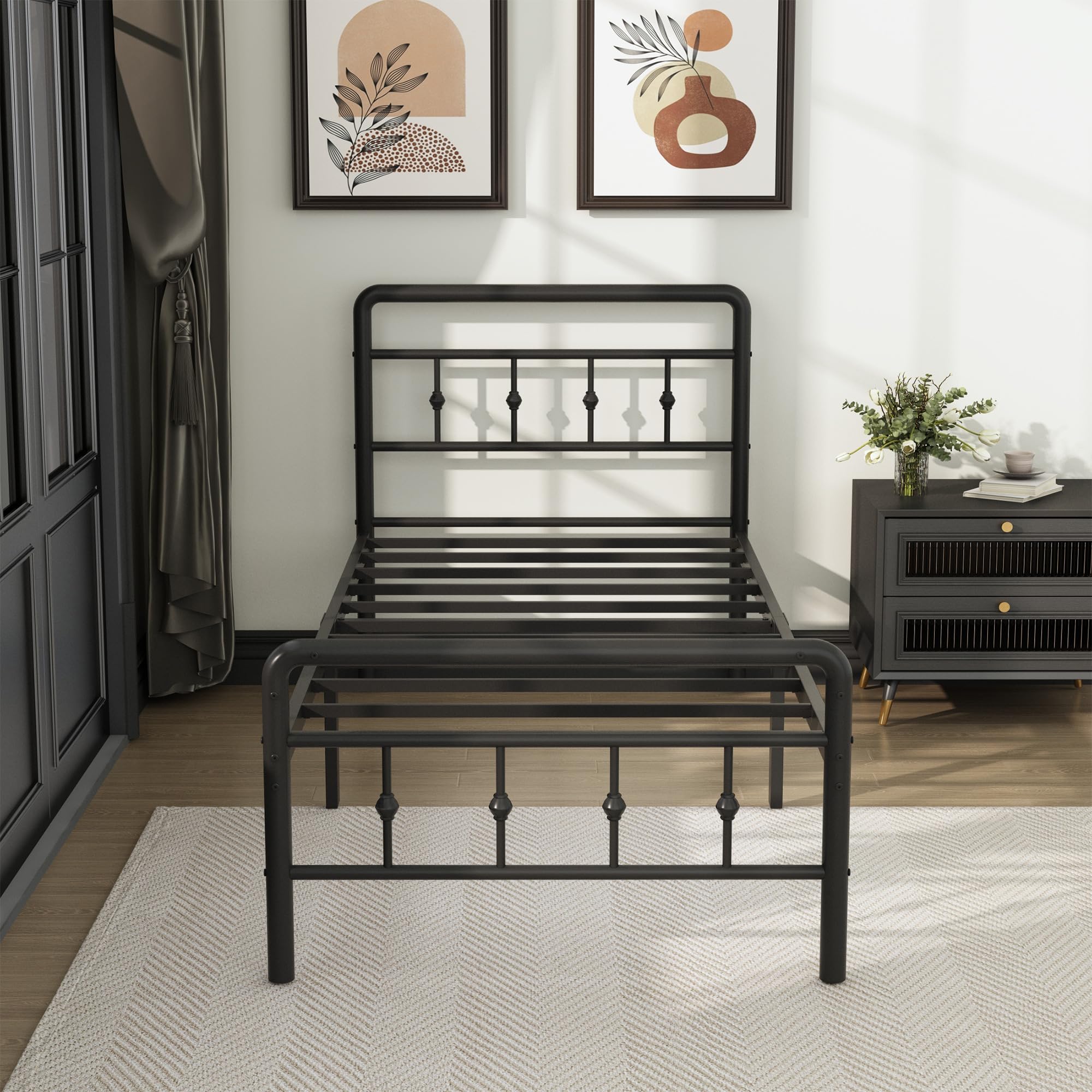 DiaOutro 16 Inch Twin XL Bed Frame with Headboard and Footboard, Classic Metal Platform No Box Spring Needed Heavy Duty Victorian Style Iron-Art Mattress Foundation/Under Bed Storage