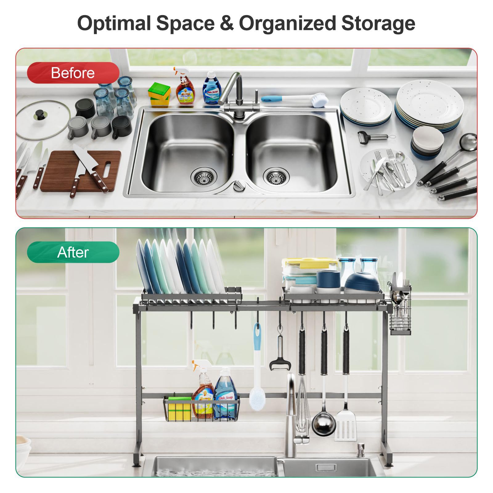 GSlife Over The Sink Dish Drying Rack - Length Adjustable (33.66~39.57") Dish Rack Over Sink Large Capacity, Rustproof Kitchen Dish Drying Rack, Above Sink Dish Rack, Black