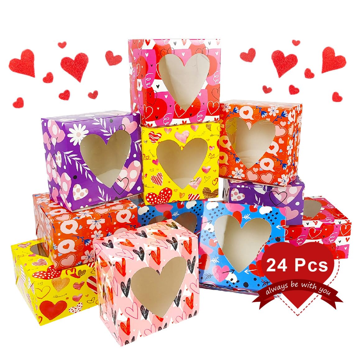 24 Valentines Day Boxes, Heart-shaped Transparent Window Gift Box, Premium Valentines Day Treat Boxes for Kids & Perfect for Holiday Pastries Doughnut and Cookie Boxes, Brownies, Cupcake, Gift Giving