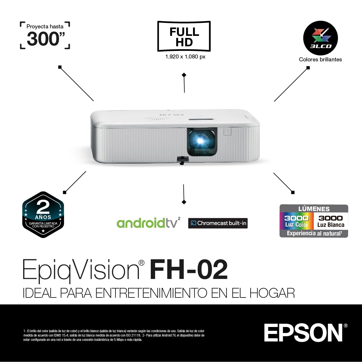 2022 New Upgrade Epson EpiqVision Flex CO-FH02 Full HD 1080p Smart Streaming Portable Projector, 3-Chip 3LCD, 3,000 Lumen Color/White Brightness, Android TV, Bluetooth, 5W Speaker, Home Entertainment