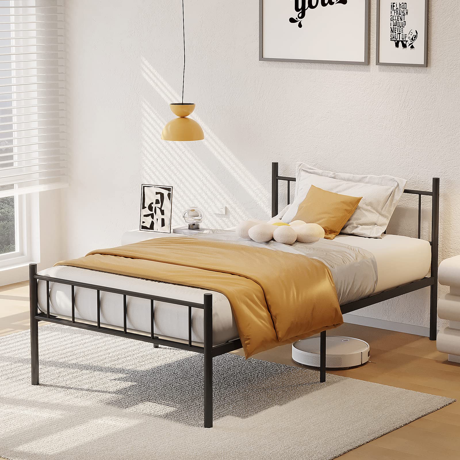 zunatu Classic Metal Bed Frame Platform Mattress Foundation with Classic Style Iron-Art Headboard/Footboard/Under Bed Storage/No Box Spring Needed/Twin XL Size Black