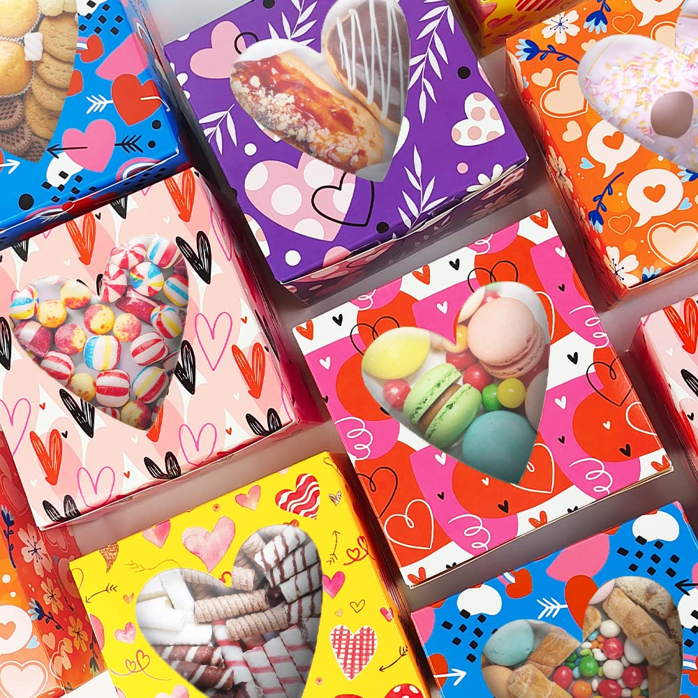 24 Valentines Day Boxes, Heart-shaped Transparent Window Gift Box, Premium Valentines Day Treat Boxes for Kids & Perfect for Holiday Pastries Doughnut and Cookie Boxes, Brownies, Cupcake, Gift Giving