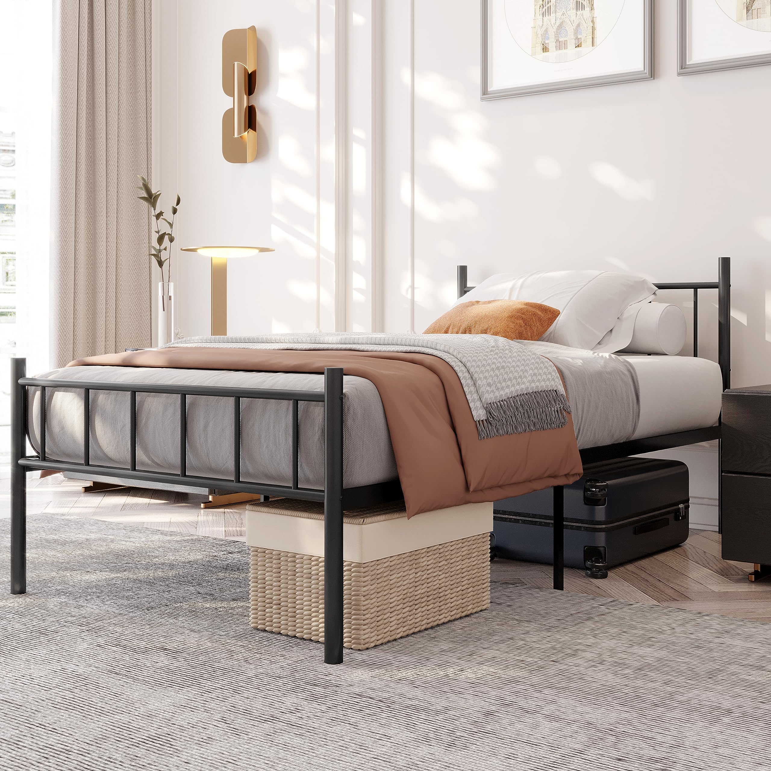 zunatu Classic Metal Bed Frame Platform Mattress Foundation with Classic Style Iron-Art Headboard/Footboard/Under Bed Storage/No Box Spring Needed/Twin XL Size Black
