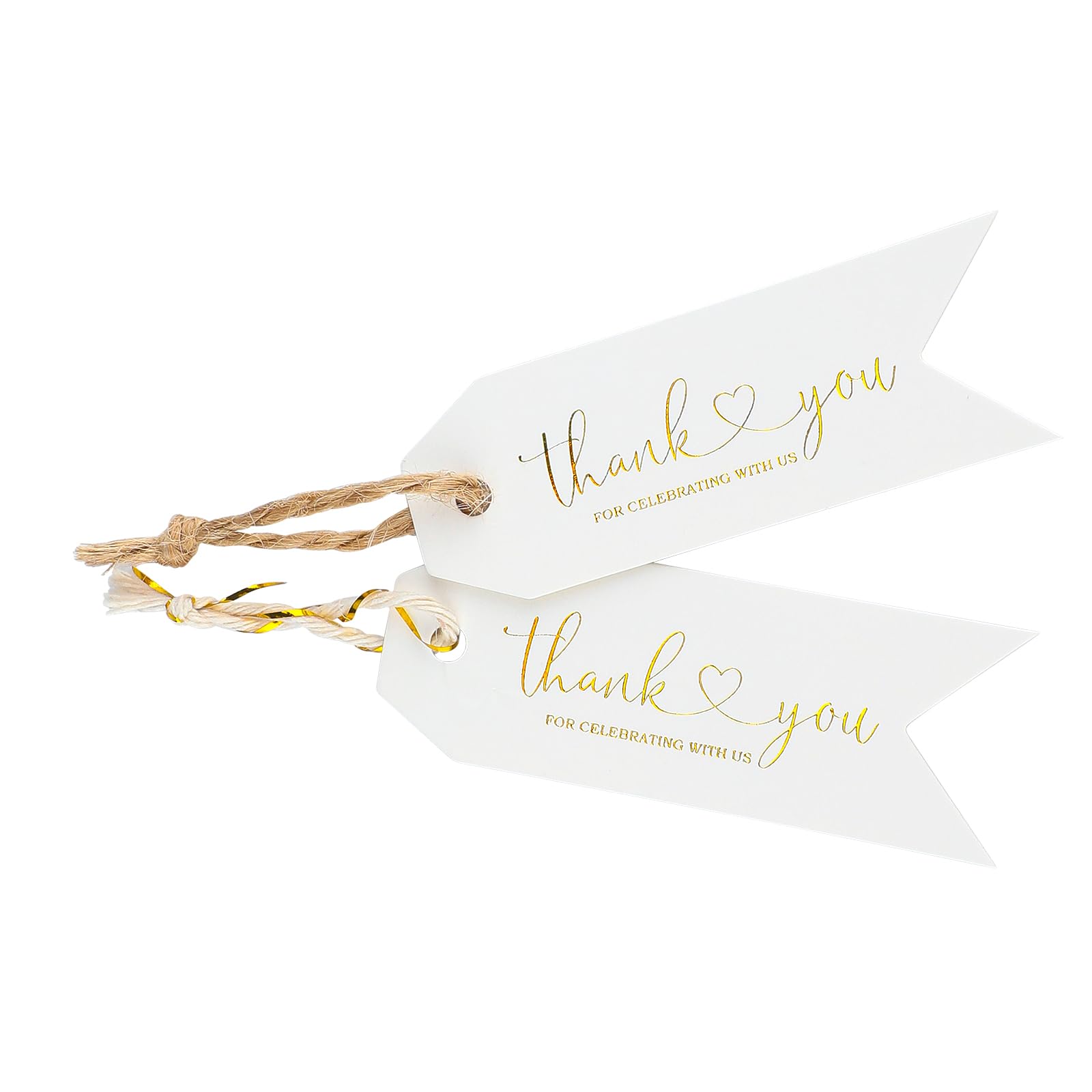 100Pcs Thank You for Celebrating with US Tags,White High-end Paper Hang Tags with String,Gold Font Favors Labels,Personalized Gift Tags for Baby Shower,Bridal Shower,Party and Gift Wrapping(2.75"x1")