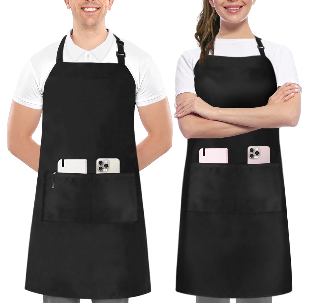 Utopia Kitchen Adjustable Bib Apron (2-Pack) Water Oil Resistant Chef Cooking Kitchen Aprons with Pockets for Men Women (Black)